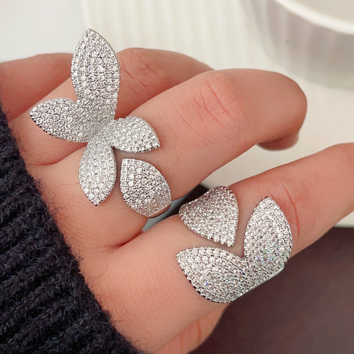 US$ 3.50 - Pave flower ring - www.charmself.com