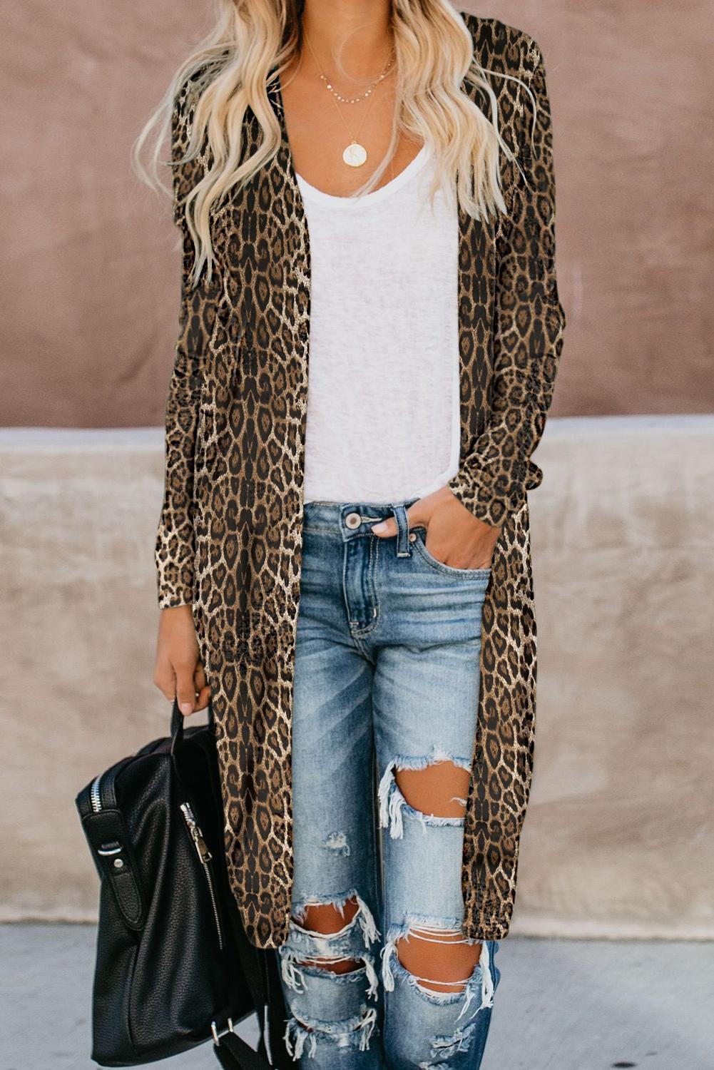 US$ 13.52 - Brown Leopard Print Long Cardigan - www.unishe.com