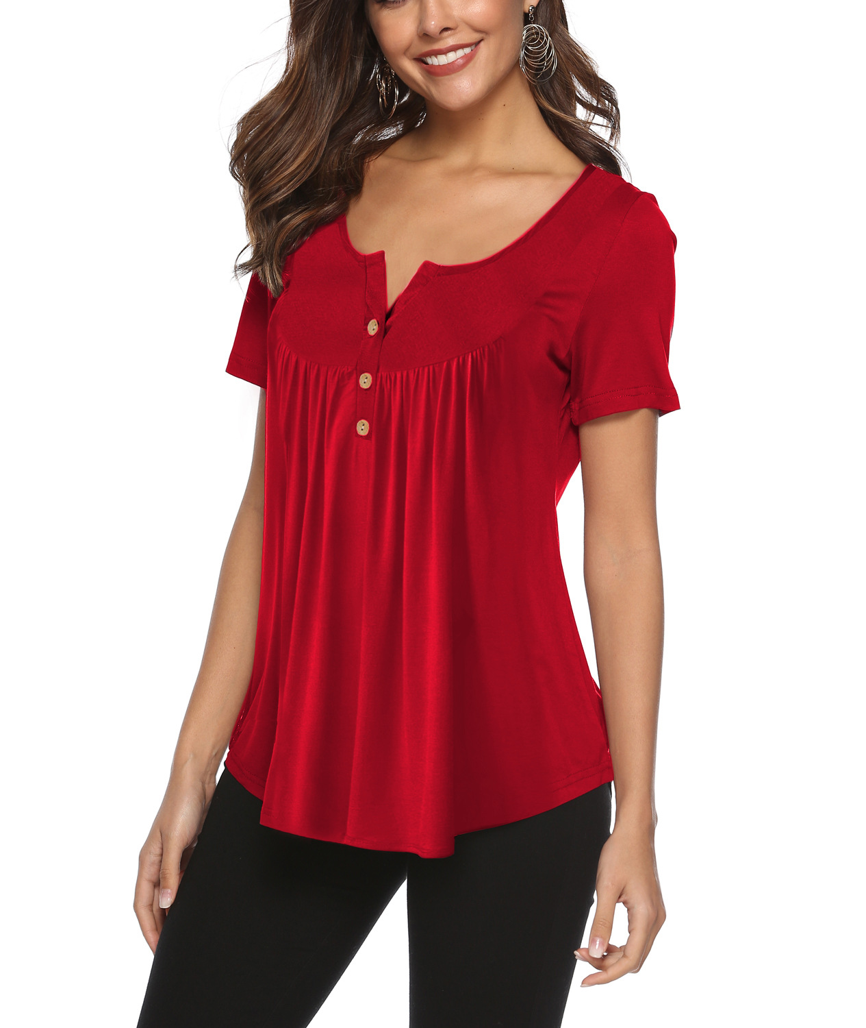 US$ 13.77 - Red V Neck Top with Button - www.unishe.com