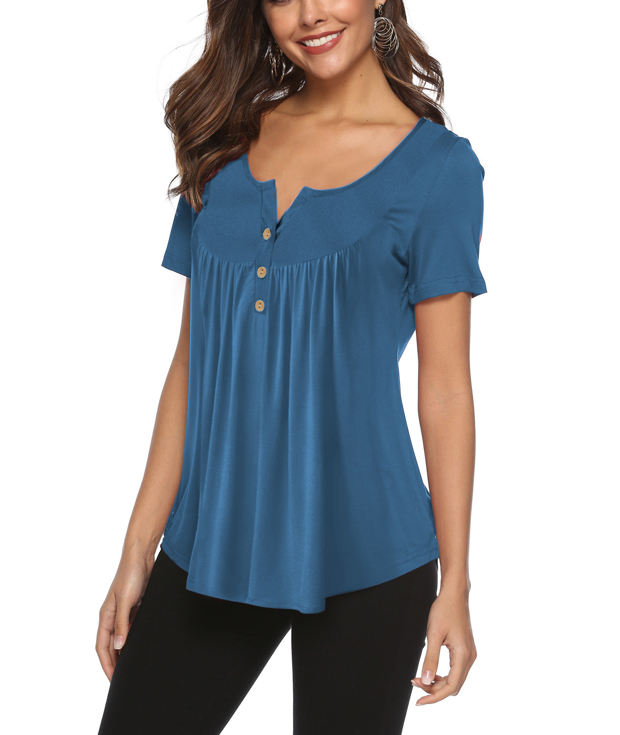 US$ 13.77 - Navy V Neck Top with Button - www.unishe.com