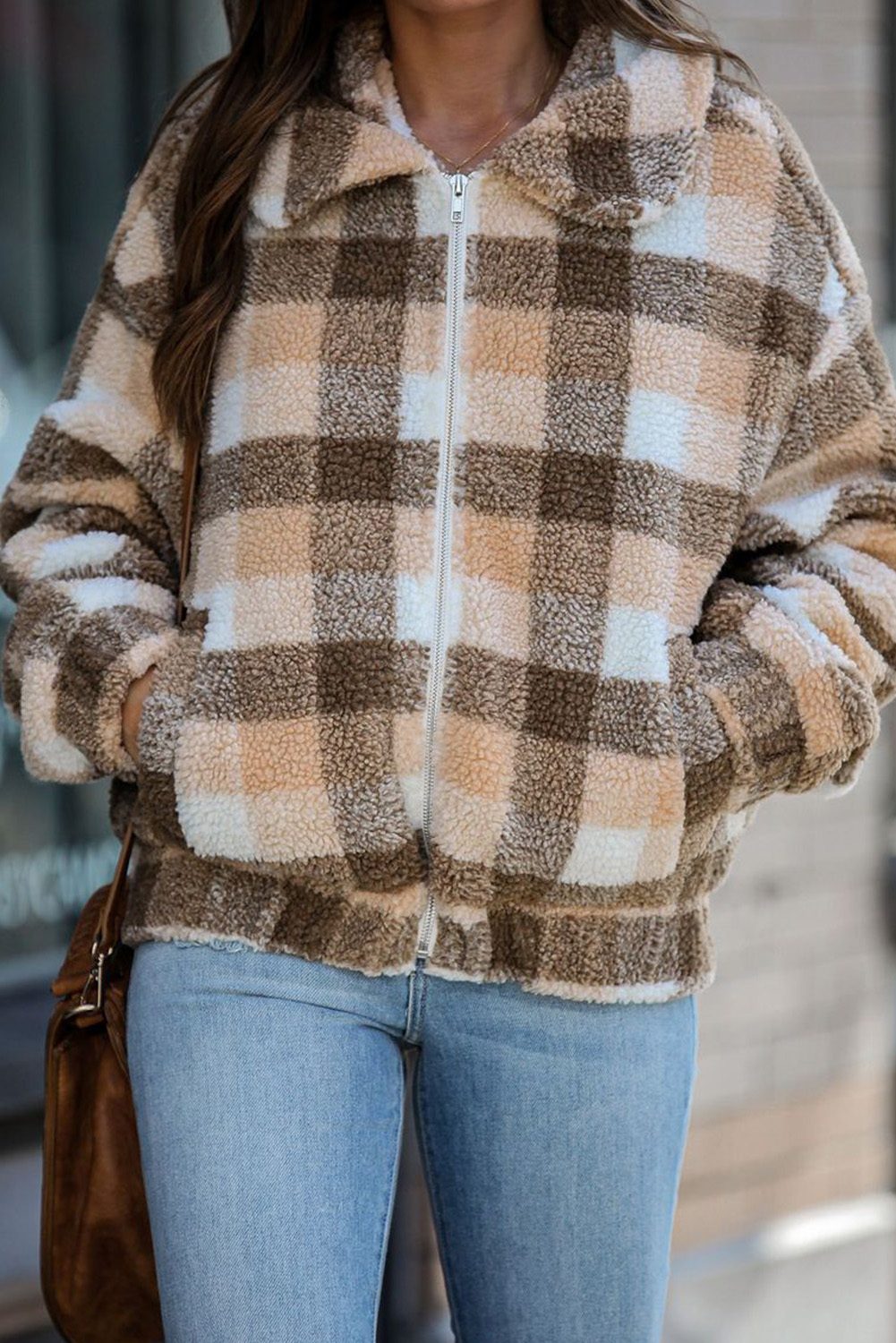 US$ 34.64 - Brown Plaid Print Sherpa Jacket Coat - www.unishe.com