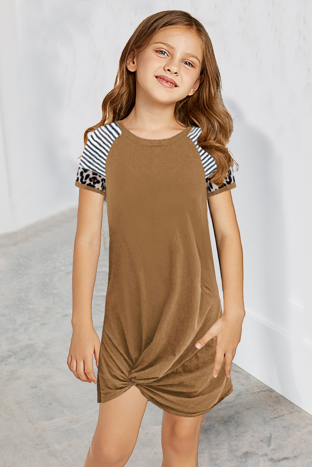 US$ 10.78 - Brown Leopard Striped Splicing Twist Knot Kids Dress - www ...