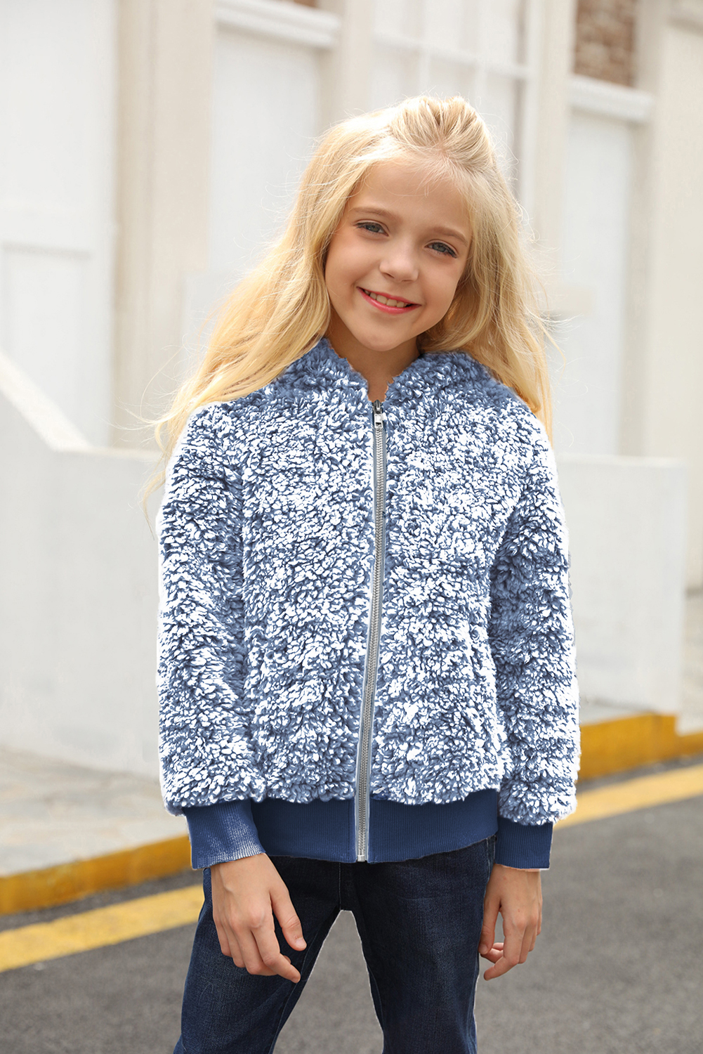 US$ 22.54 - Blue Girls' Faux Fur Bomber Jacket - www.unishe.com