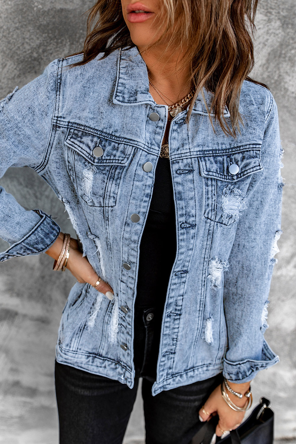 US$ 38.06 - Sky Blue Distressed Buttons Washed Denim Jacket - www ...
