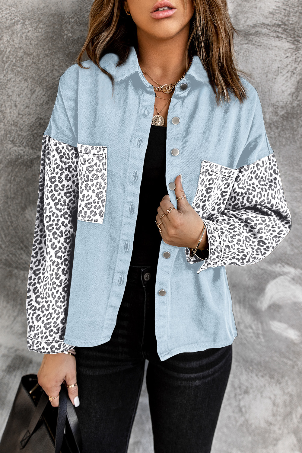 US$ 35.91 - Sky Blue Contrast Leopard Denim Jacket - www.unishe.com