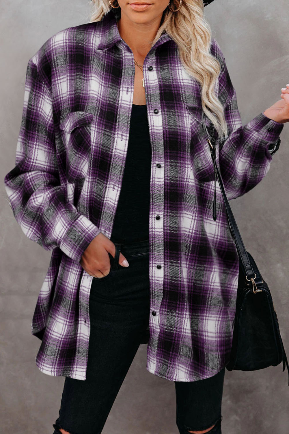 US$ 19.45 - Purple Buttons Pocketed Plaid Shacket - www.unishe.com