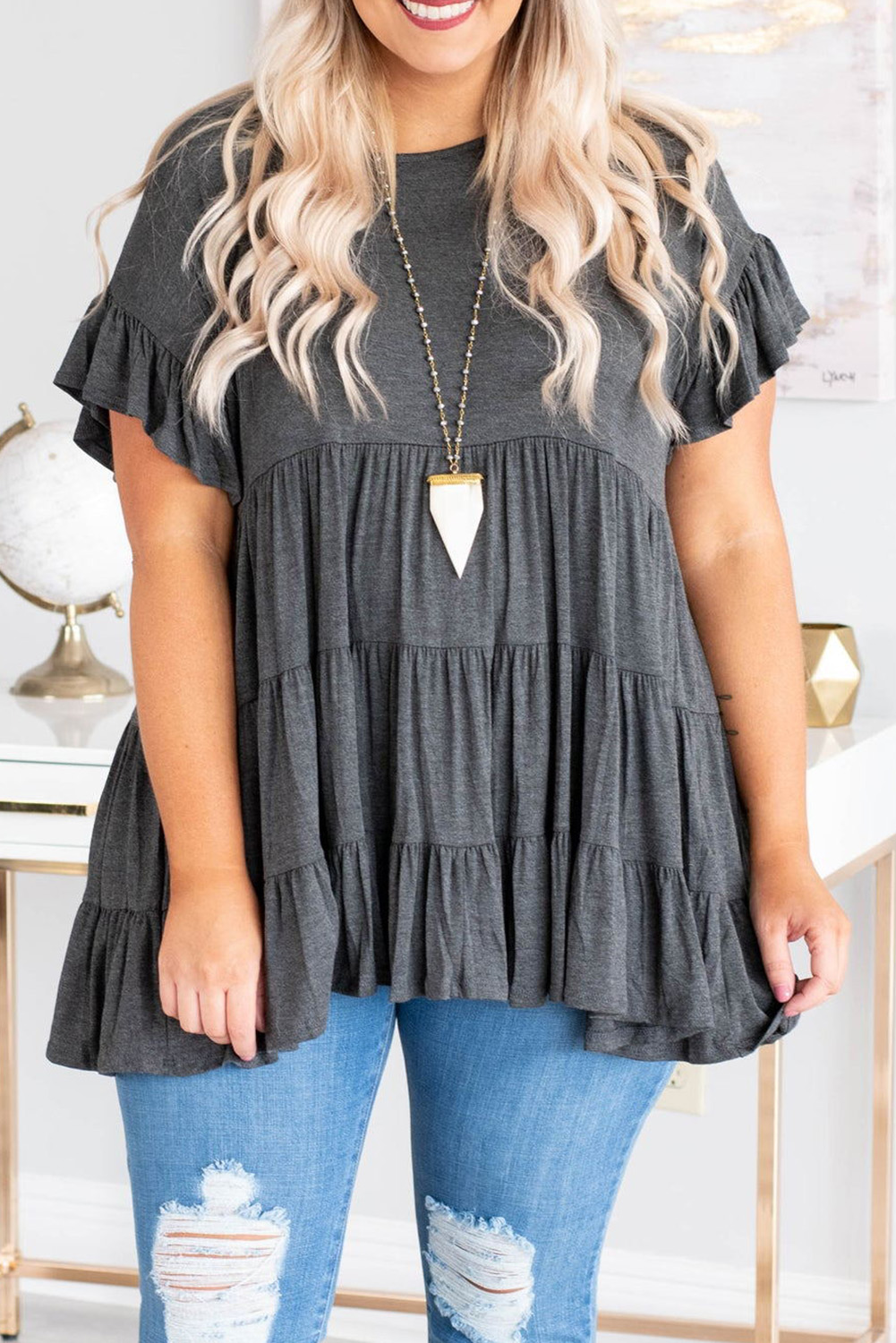 US$ 20.25 - Gray Tiered Ruffled Short Sleeve Plus Size Blouse - www ...