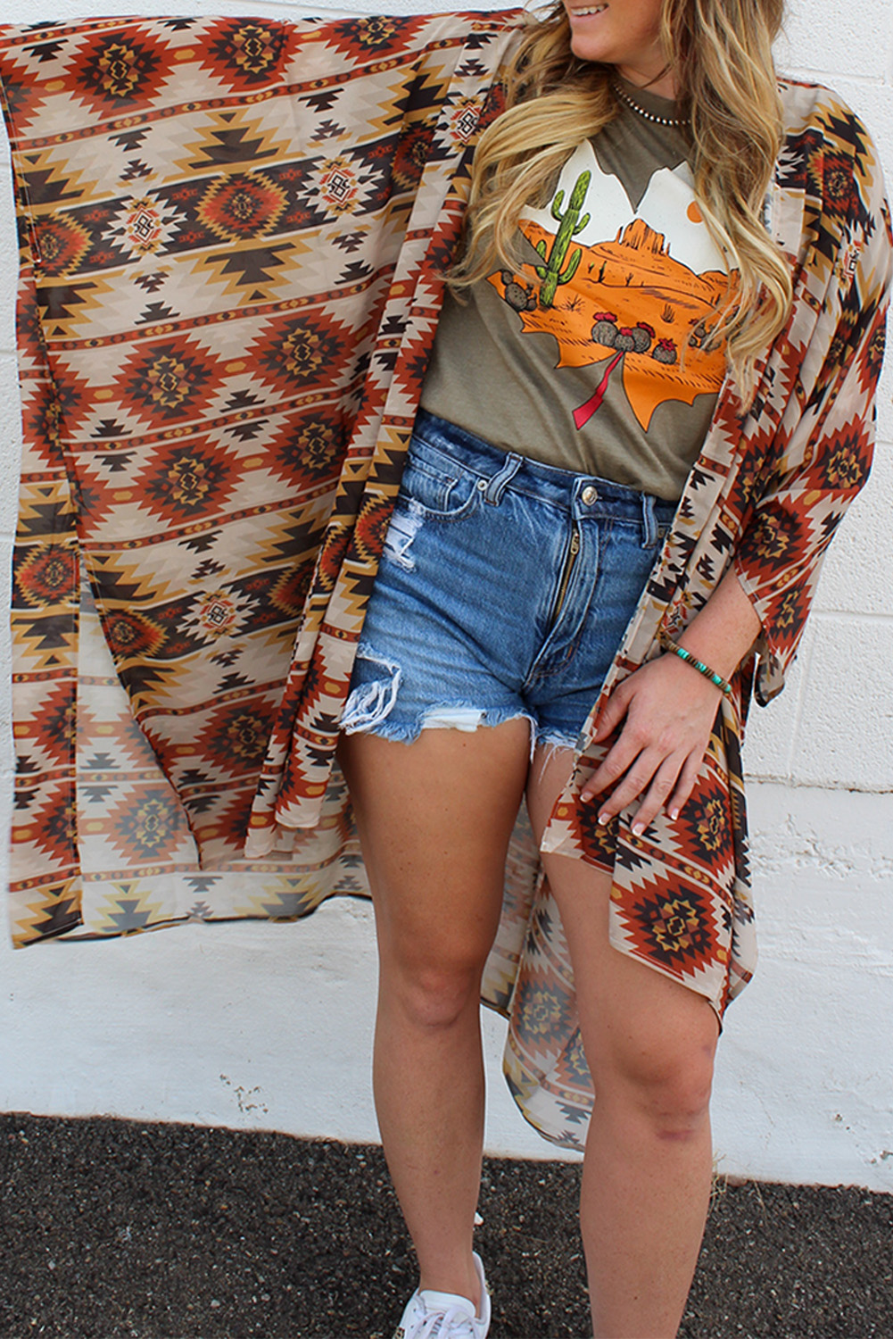 US$ 18.28 - Orange Aztec Print Beach Kimono with Slits - www.unishe.com