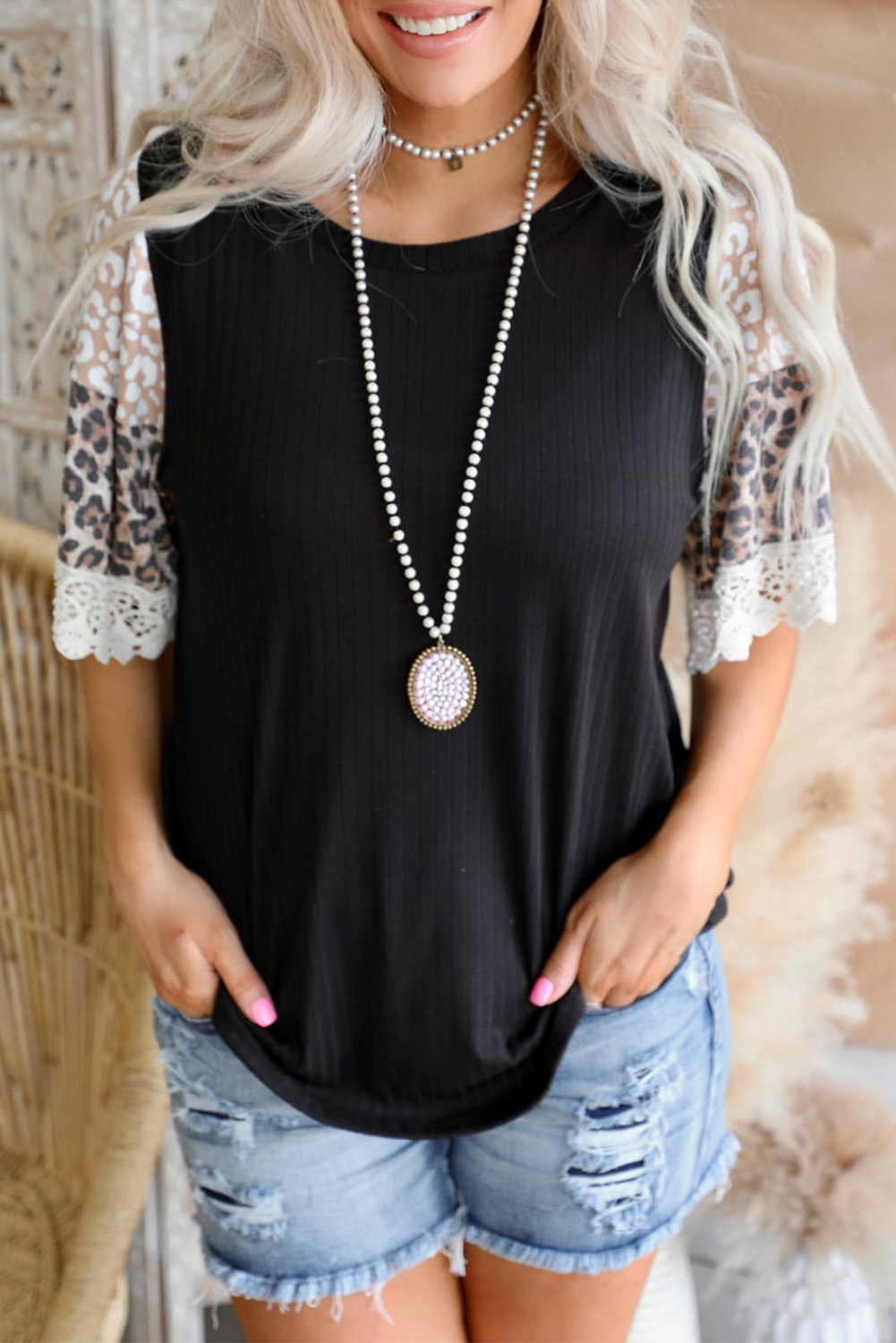 US$ 12.02 - Black Ribbed Leopard Bell Sleeve Top - www.unishe.com