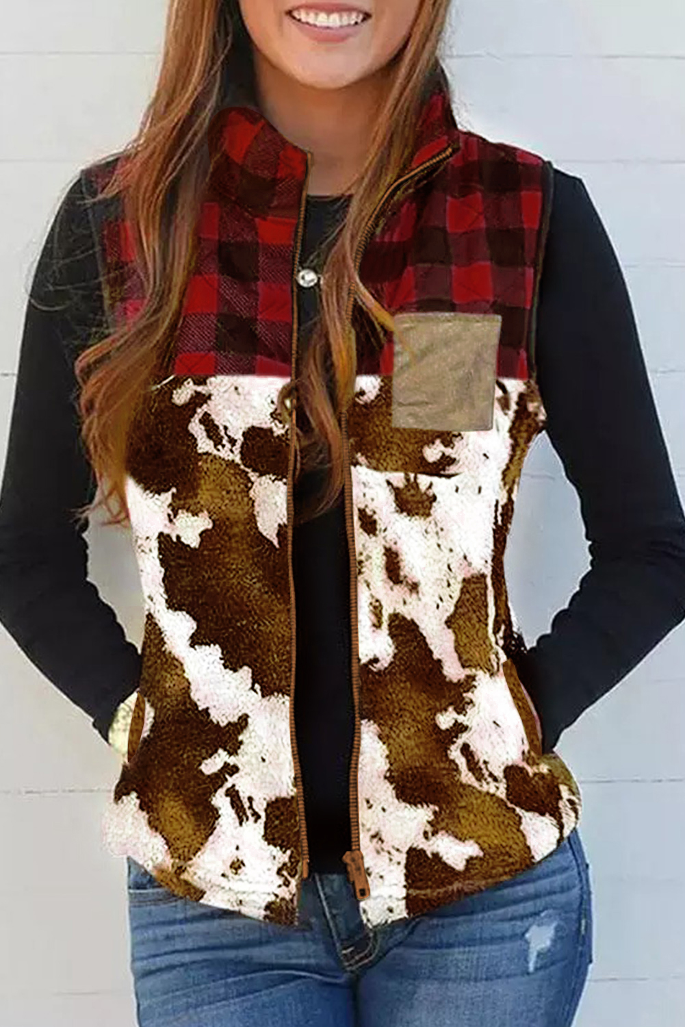 US$ 22.49 - Brown Cow Print Buffalo Plaid Pocket Vest Coat - www.unishe.com