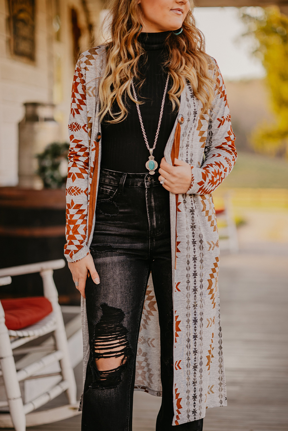 US$ 18.95 - Gray Geometric Aztec Print Open Front Cardigan - www.unishe.com