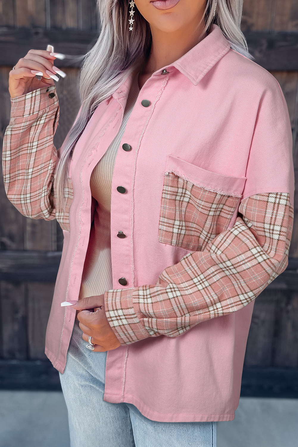US$ 26.39 - Pink Plaid Patchwork Raw Hem Shacket - www.unishe.com