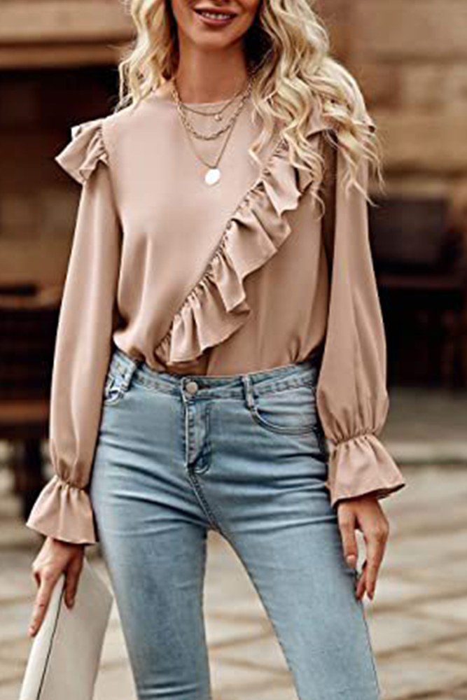 US$ 15.59 - Puff Sleeves Plain Pleated Ruffle Blouse - www.unishe.com