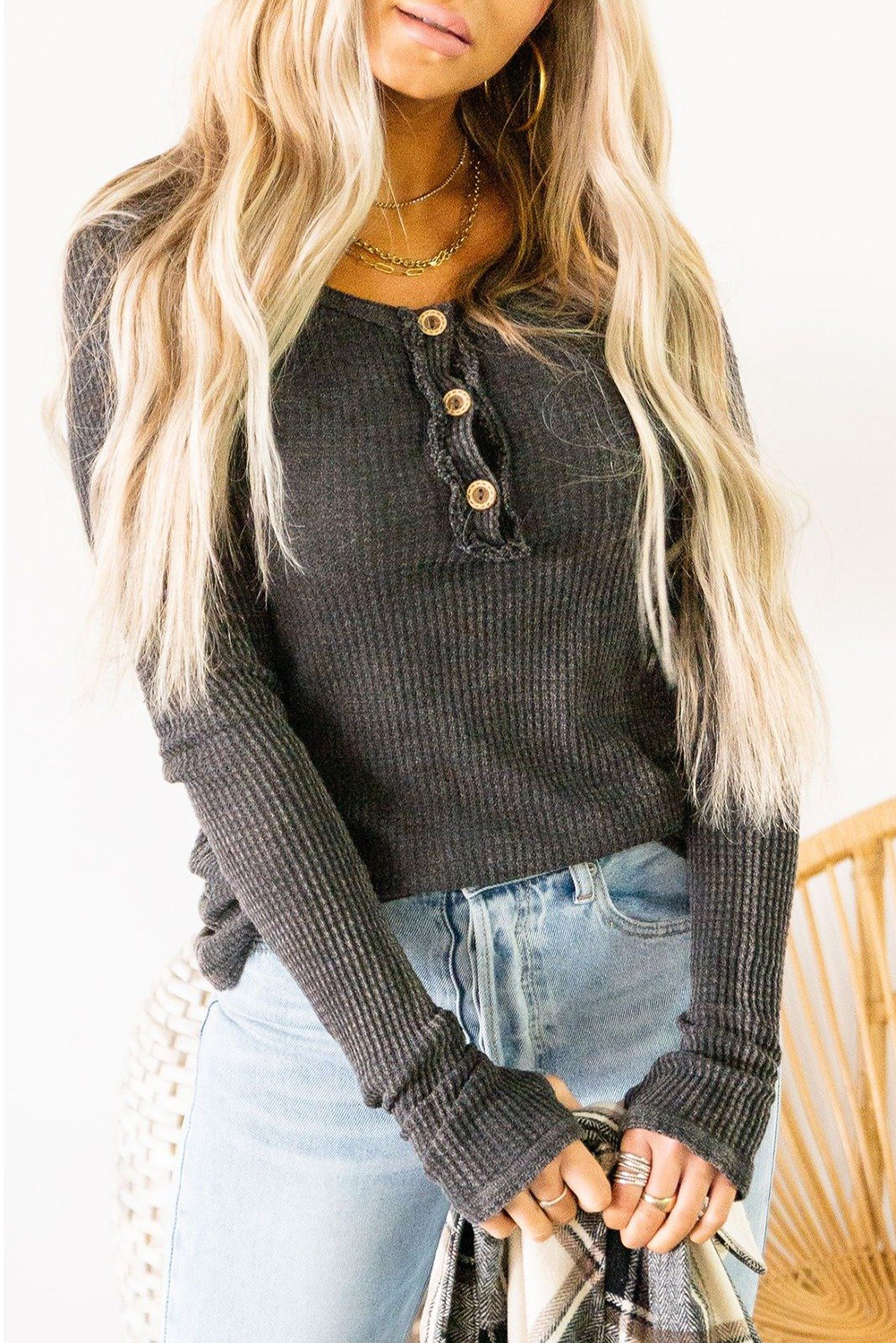 US$ 20.41 - Gray Waffle Knit Long Sleeve Henley Top - www.unishe.com