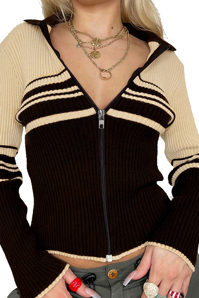 US$ 21.19 - Colorblock Splicing Zipper Knitting Coat - www.unishe.com