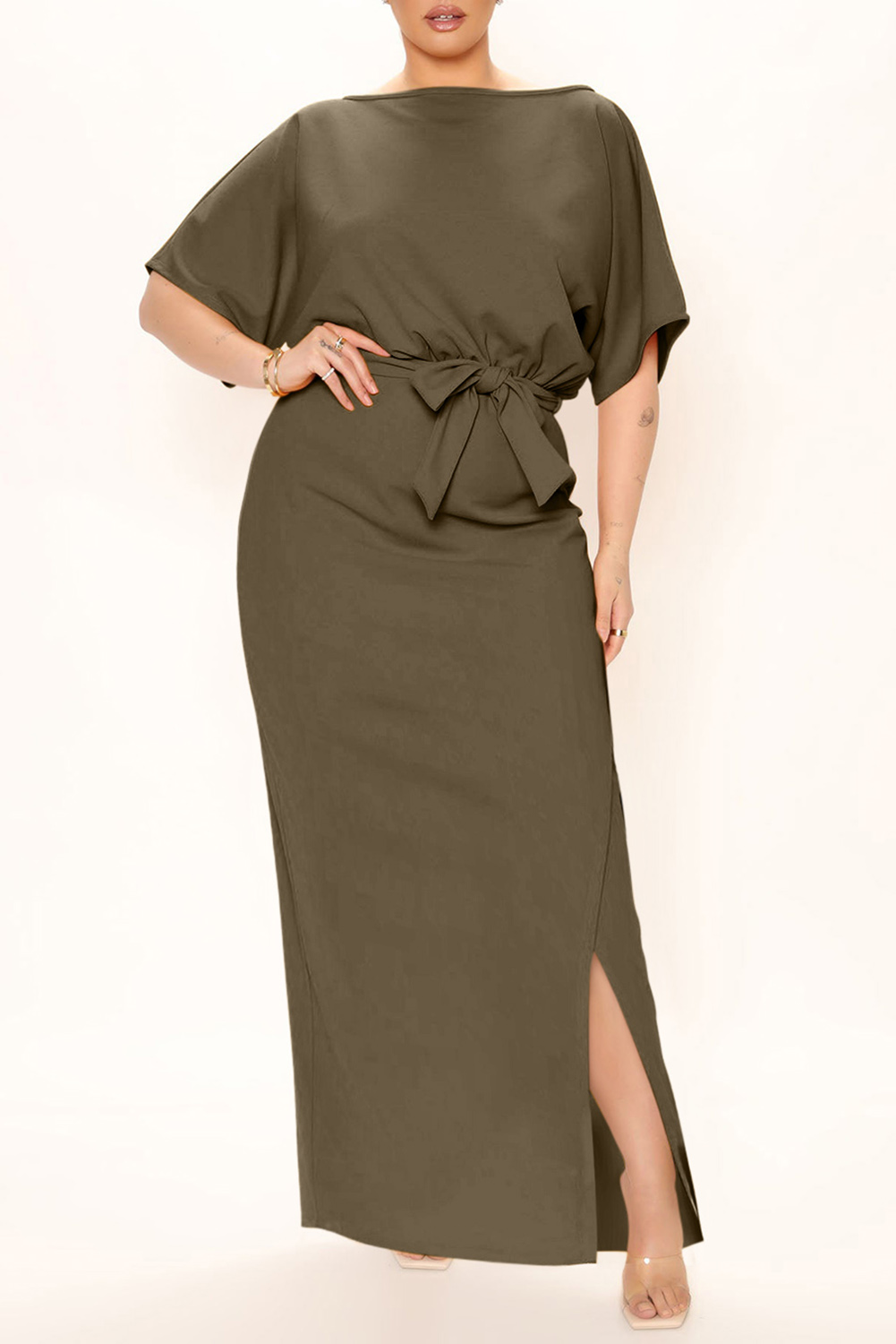 US$ 14.89 - Green Belted High Waist Side Slit Plus Size Maxi Dress ...