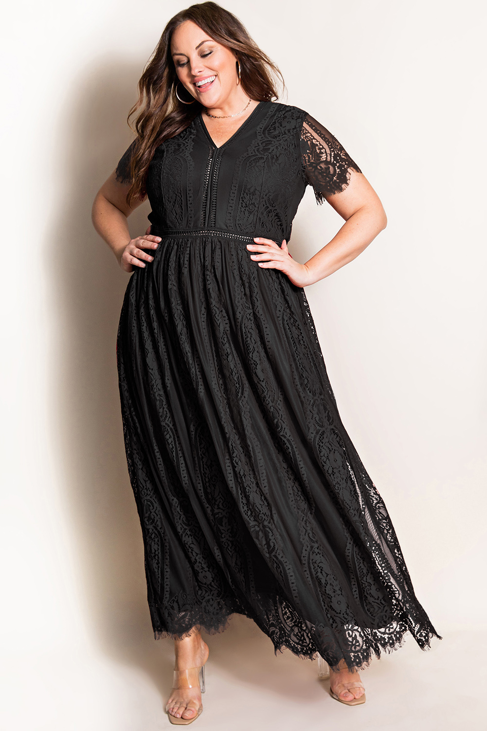 US$ 43.49 - Black Eyelash Lace Short Sleeve Curvy Maxi Dress - www ...