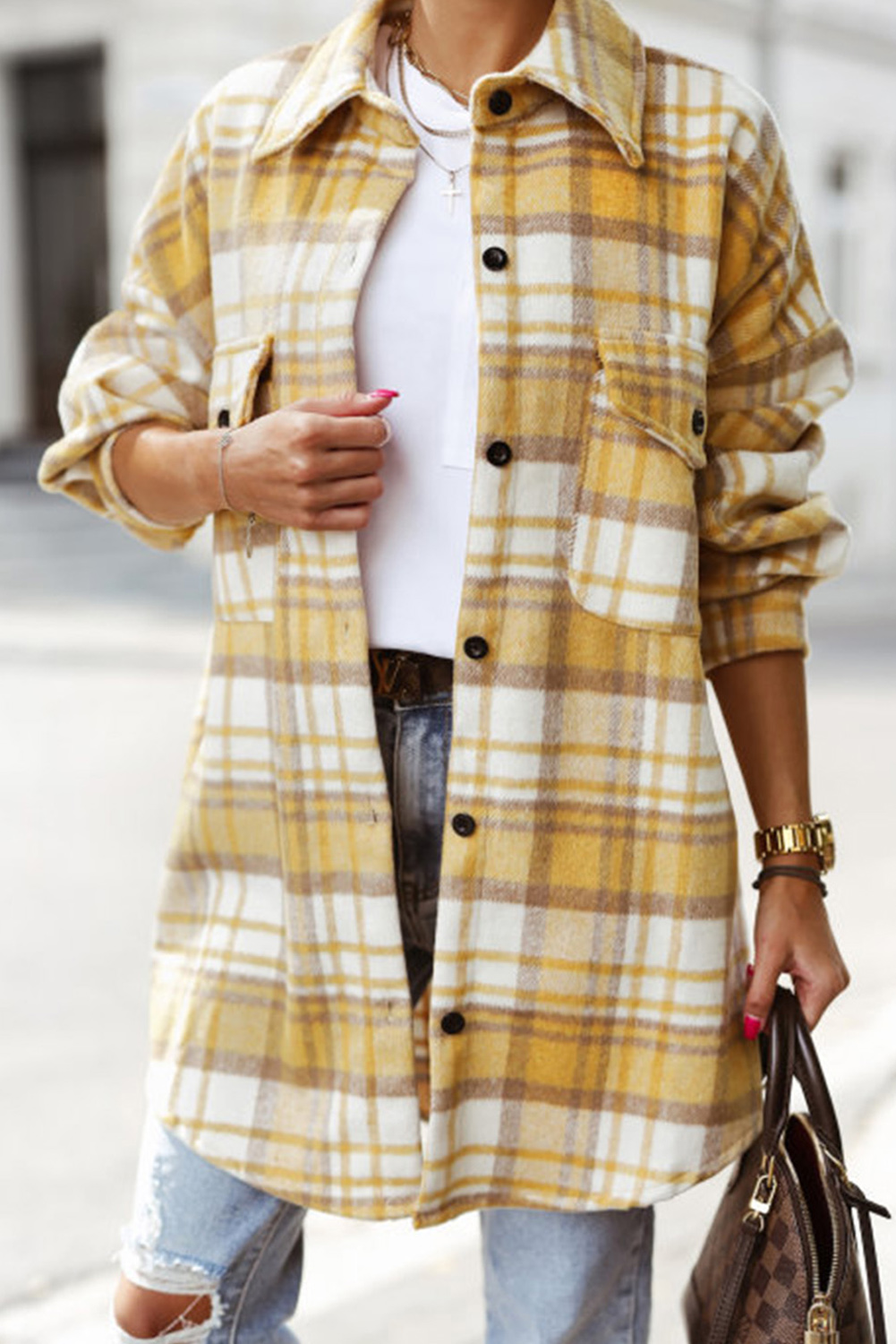 US$ 28.29 - Yellow Plaid Flap Pocket Long Sleeve Shacket - www.unishe.com