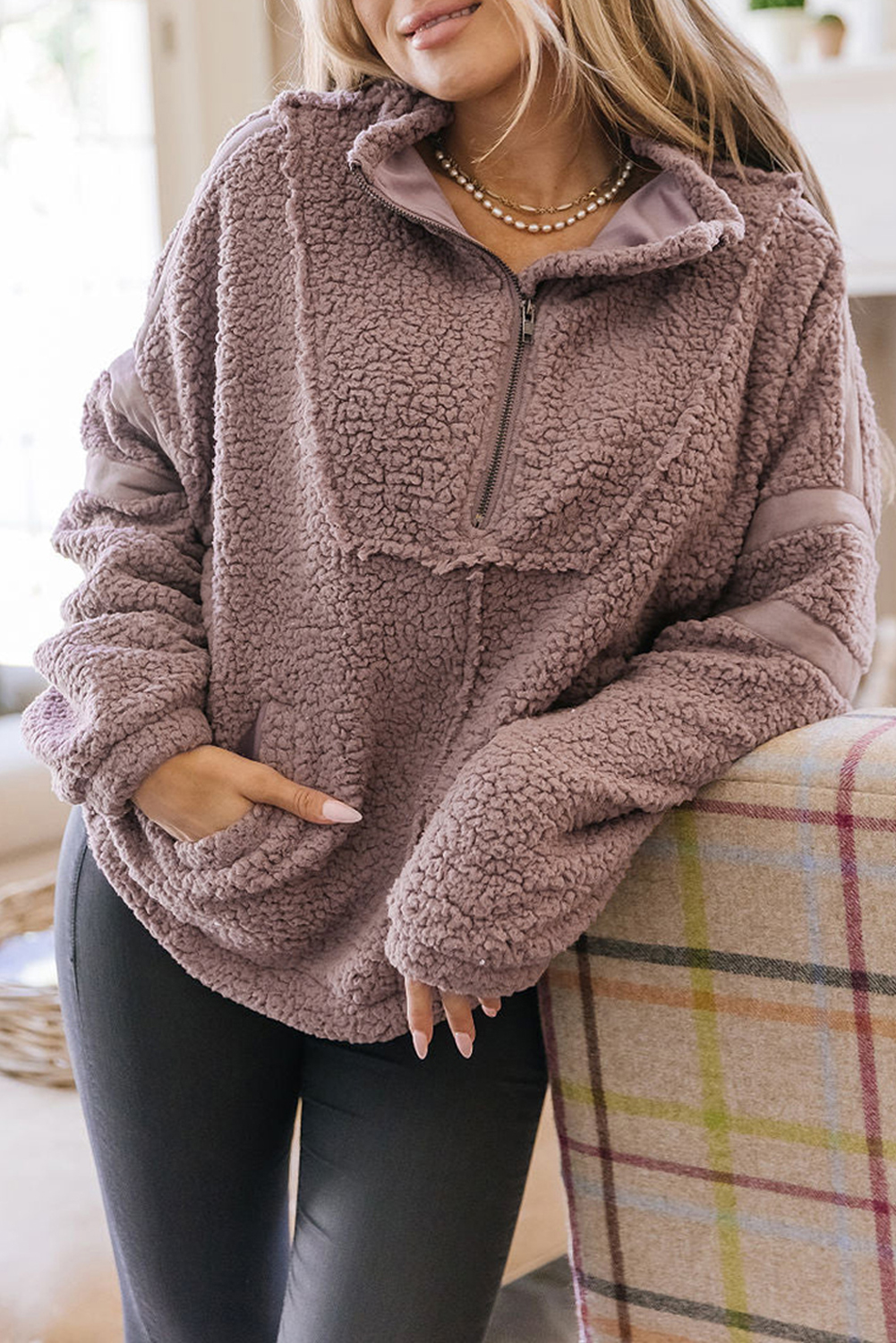 US$ 27.43 - dusty pink Collared Neckline Half Zip Fluffy Pullover ...