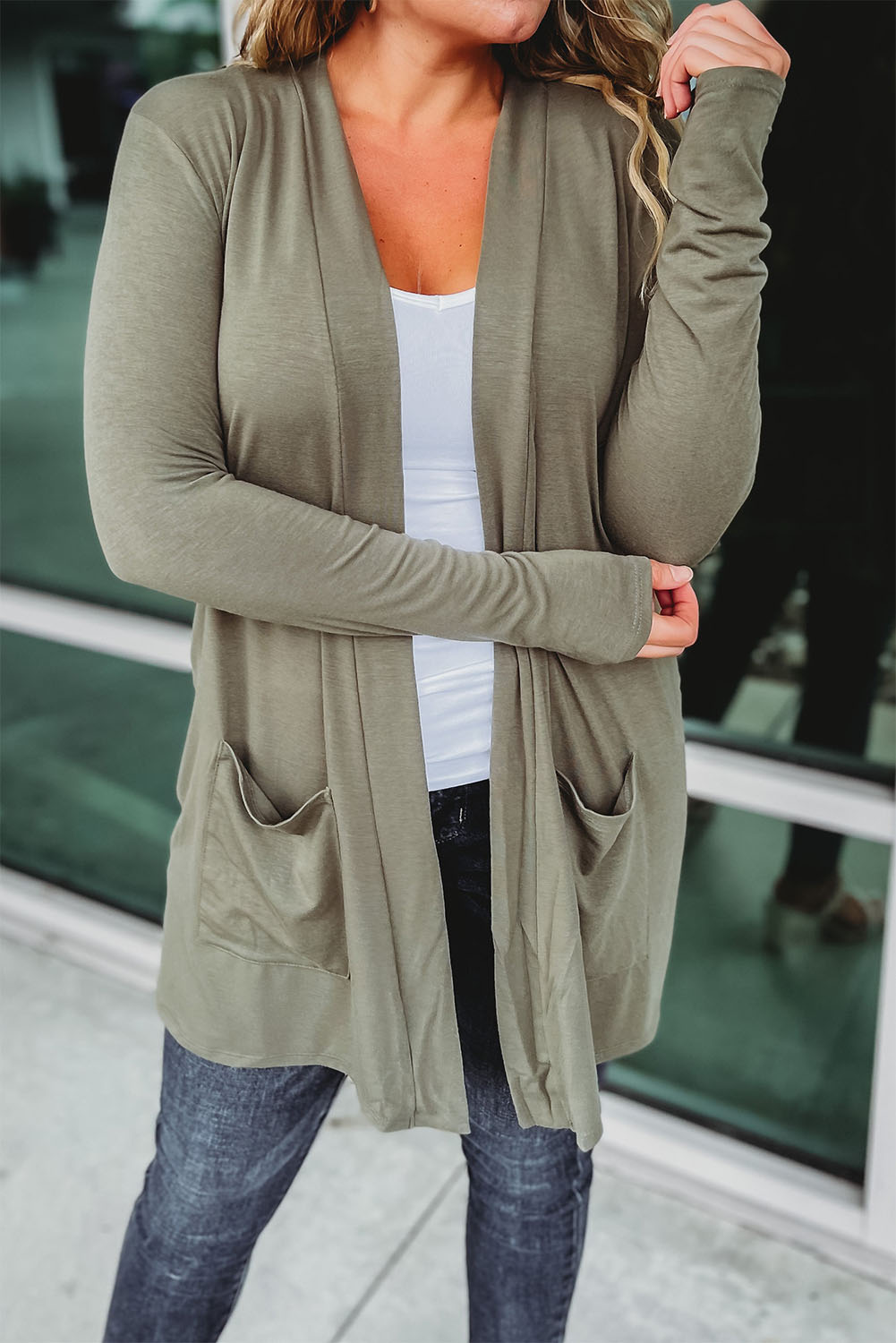 US$ 12.11 - Sage Green Solid Color Slouchy Pockets Tunic Cardigan - www ...