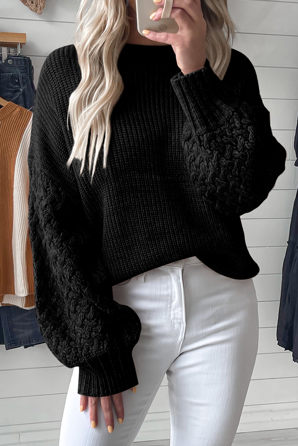 US$ 20.50 - Black Cable Knit Sleeve Drop Shoulder Sweater - www.unishe.com