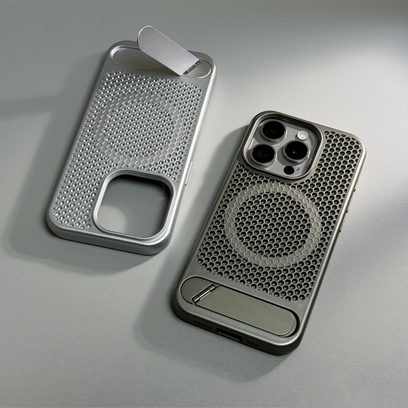 Folding Metal Stand Mesh Heat Cooling MagSafe Phone Case For iPhone 15 ...