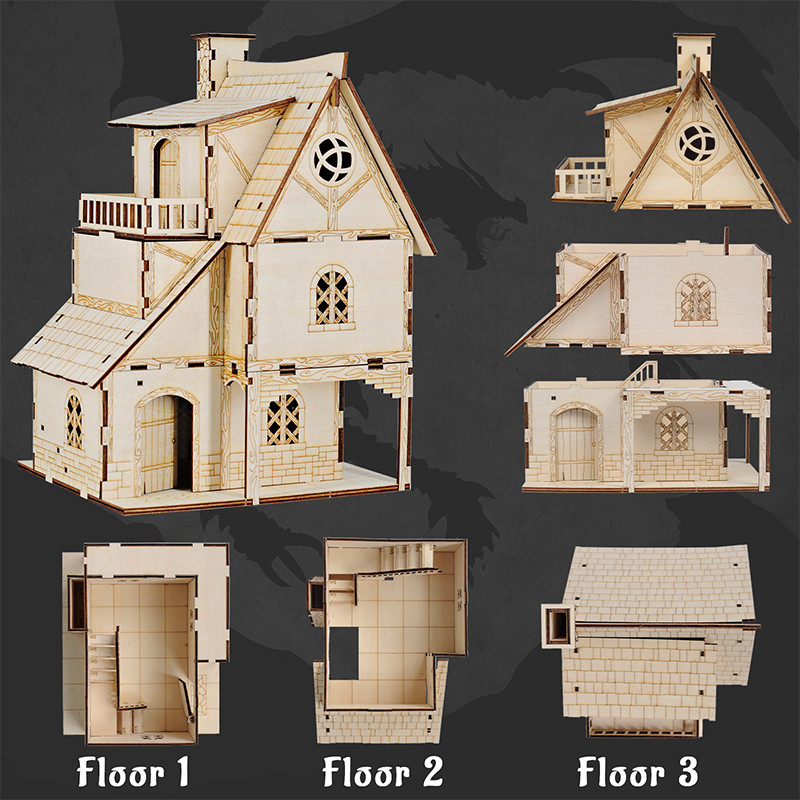 DND Medieval Three Story House with Balcony Wood Tabletop Terrain ...