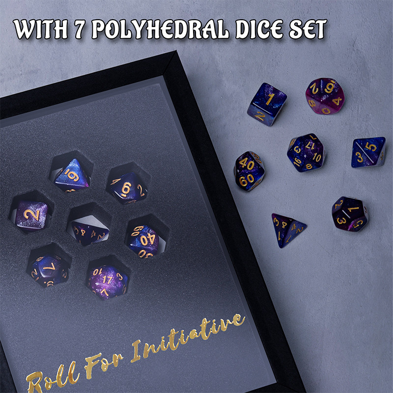 DND Dice Display Frame with 7 Polyhedral Emergency Dice Set Anniversary ...