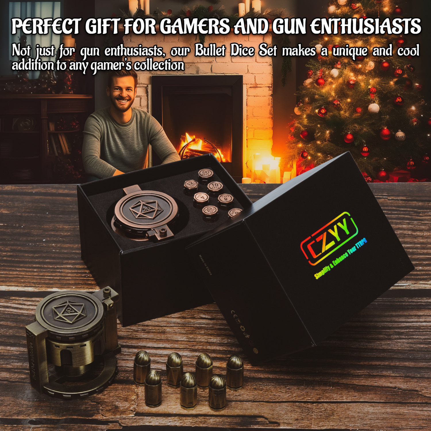 Metal Polyhedral Bullet Dice Set of 7 with Spinning Revolver Cylinder ...