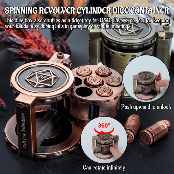 Metal Polyhedral Bullet Dice Set of 7 with Spinning Revolver Cylinder ...