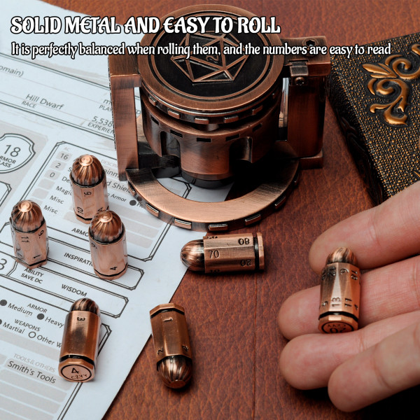 Metal Polyhedral Bullet Dice Set of 7 with Spinning Revolver Cylinder ...