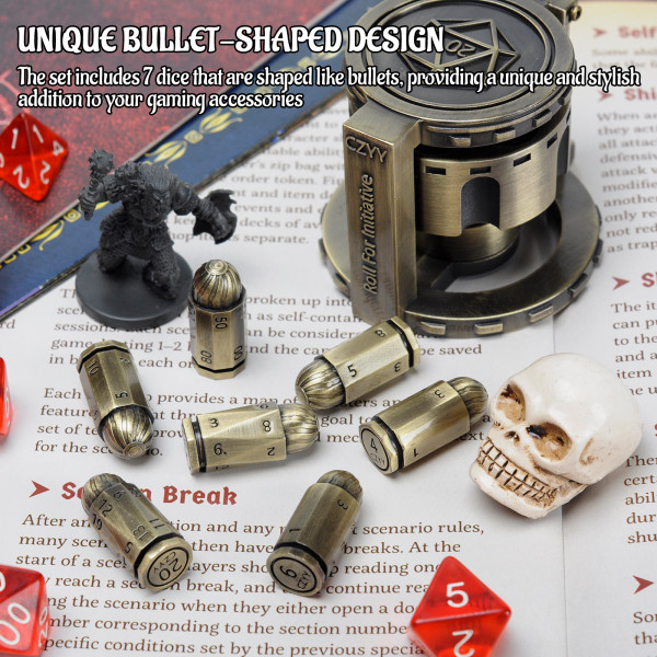 Metal Polyhedral Bullet Dice Set of 7 with Spinning Revolver Cylinder ...