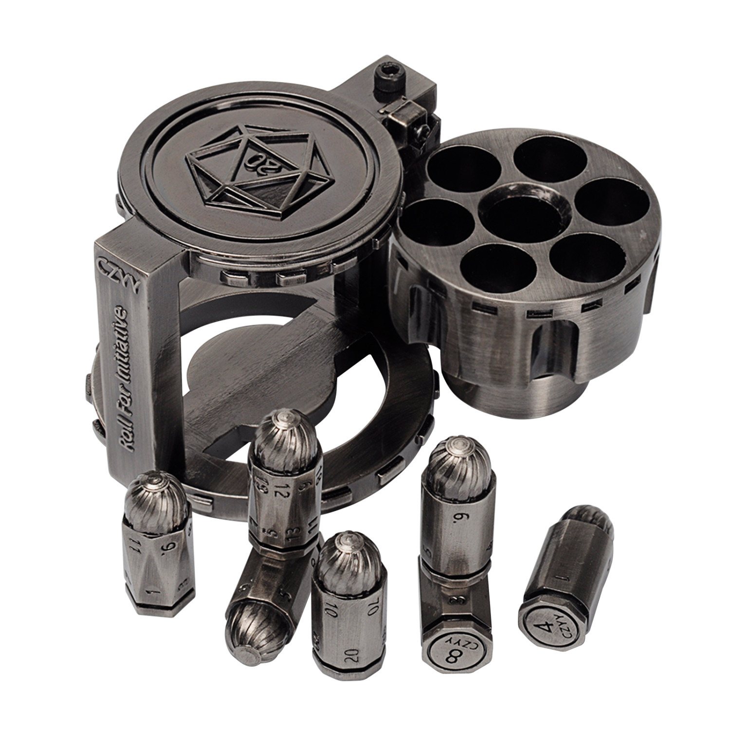 Metal Polyhedral Bullet Dice Set of 7 with Spinning Revolver Cylinder ... Metal Polyhedral Bullet Dice Set of 7 with Spinning Revolver Cylinder ...