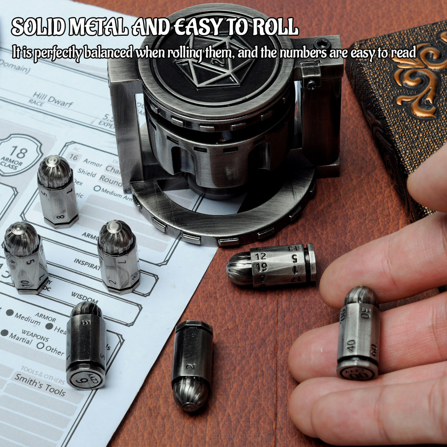 Metal Polyhedral Bullet Dice Set of 7 with Spinning Revolver Cylinder ...