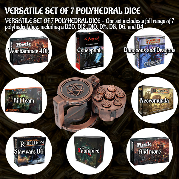 Metal Polyhedral Bullet Dice Set of 7 with Spinning Revolver Cylinder ...