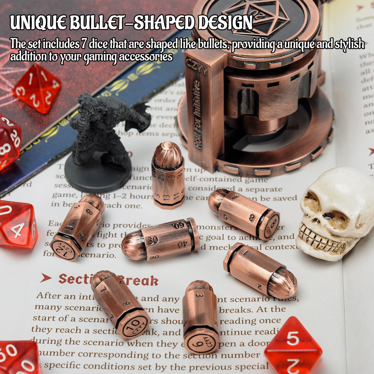 Metal Polyhedral Bullet Dice Set of 7 with Spinning Revolver Cylinder ...