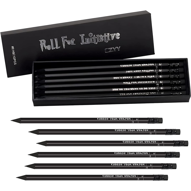 DND Pencils Set of 12 - Silver Foil Stamped with RPG Slogans & D6 Dice ...