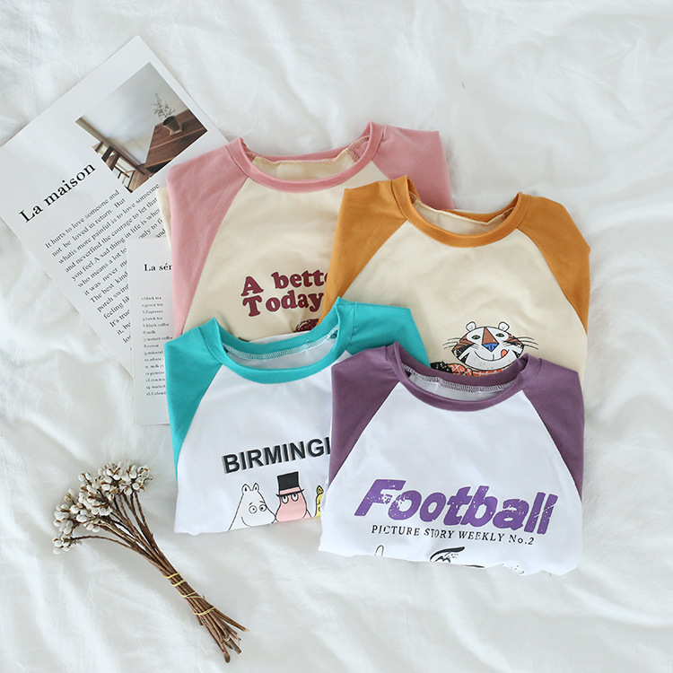 Toddler Girl Slogan and Print Cartoon Tee Color Matching Cotton Long ...