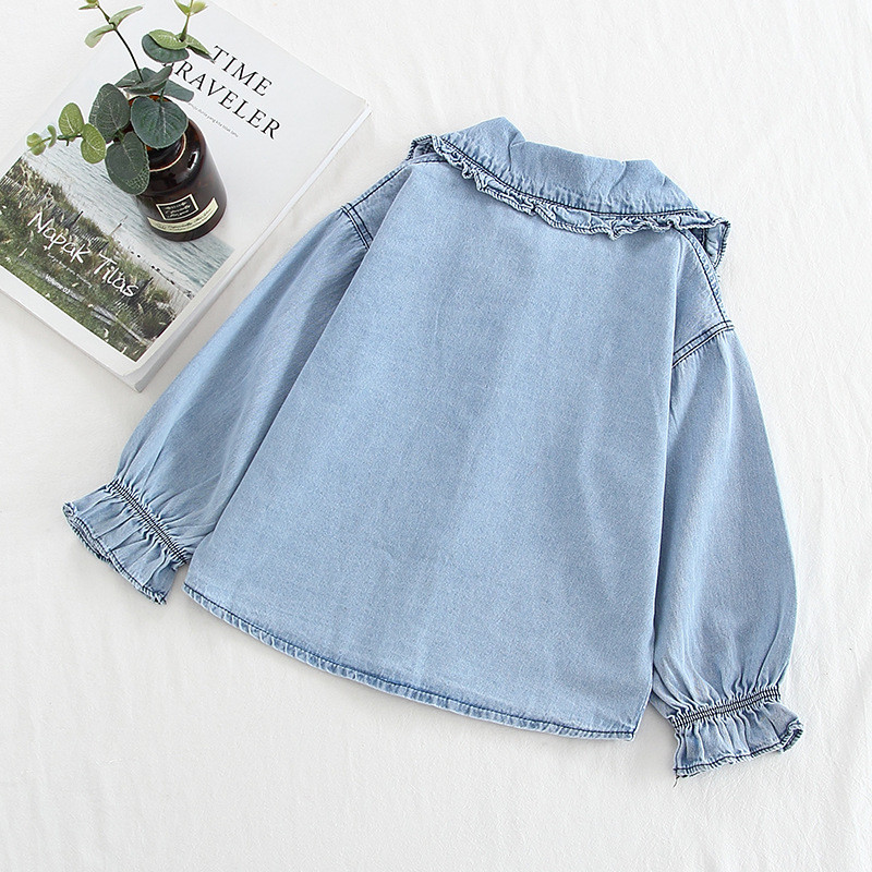 Girls Ruffles Blue Denim Long Sleeves Shirt