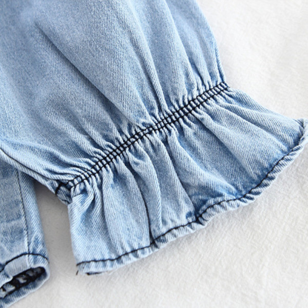 Girls Ruffles Blue Denim Long Sleeves Shirt