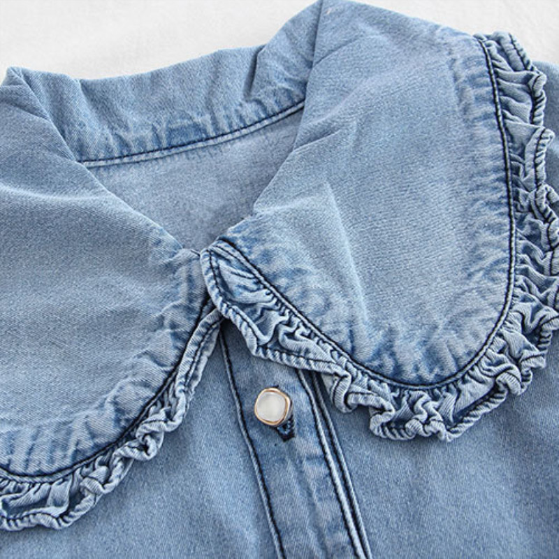 Girls Ruffles Blue Denim Long Sleeves Shirt