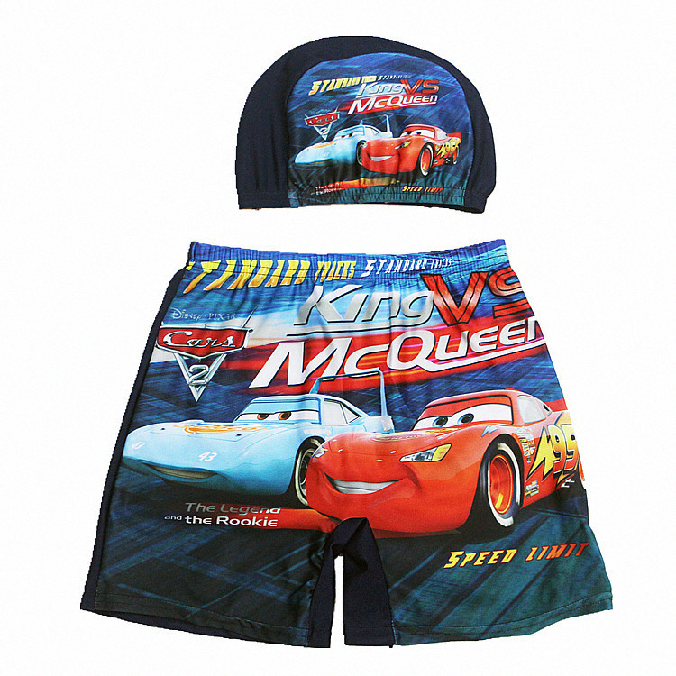 Kid Boys Print Racing Car Swimwear Trunks Swim Boxer Shorts With Cap