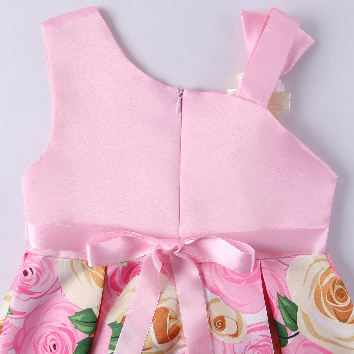 Kid Girl Print Rose Flowers Beads One Shoulder Dress With Bowknot