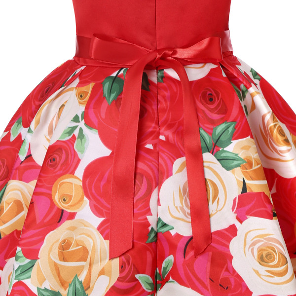 Kid Girl Print Rose Flowers Beads One Shoulder Dress With Bowknot