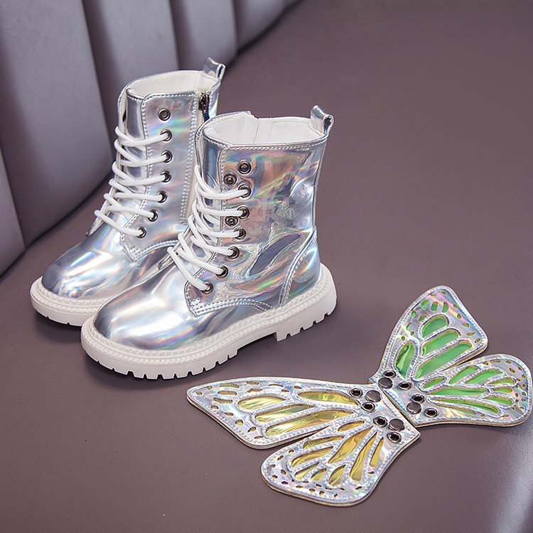 Kid Girl PU Leather Lace Up Martin Boots With Butterfly Wings