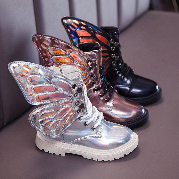 Kid Girl PU Leather Lace Up Martin Boots With Butterfly Wings