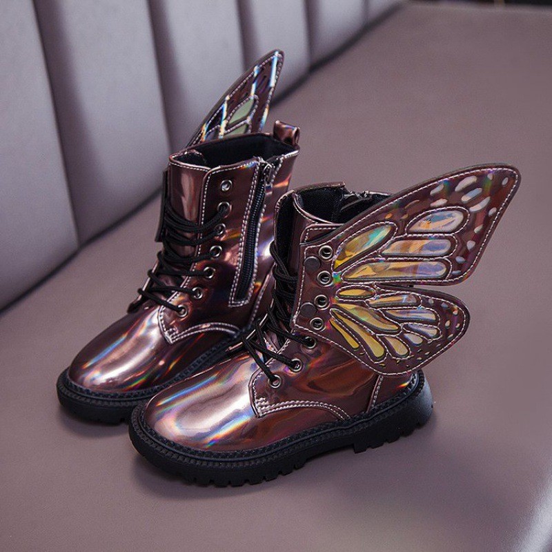 Kid Girl PU Leather Lace Up Martin Boots With Butterfly Wings