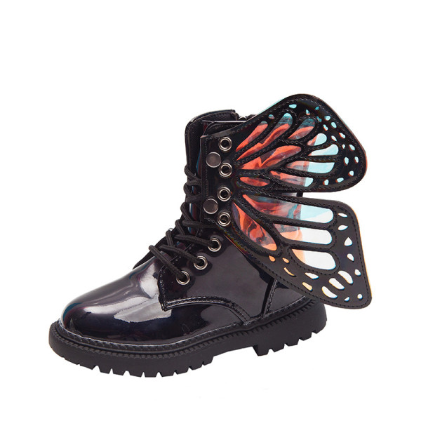 Kid Girl PU Leather Lace Up Martin Boots With Butterfly Wings