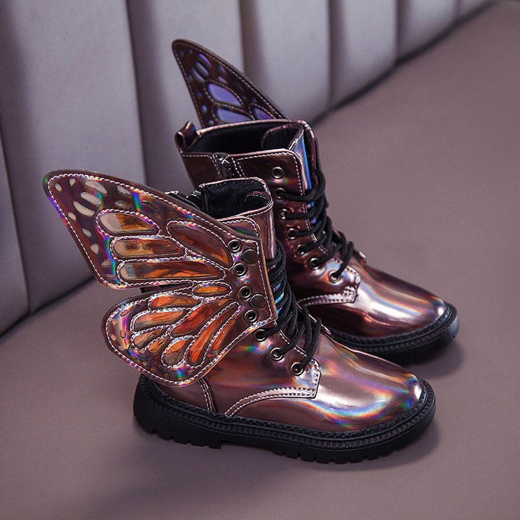 Kid Girl PU Leather Lace Up Martin Boots With Butterfly Wings
