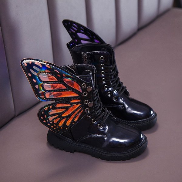 Kid Girl PU Leather Lace Up Martin Boots With Butterfly Wings